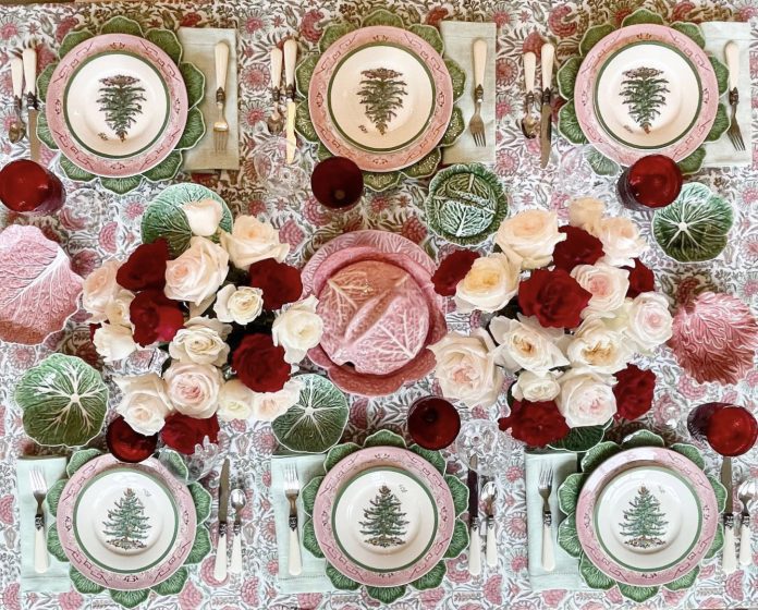 christmas-tree-spode-pink-green-preppy-grandmillennial-cabbage-lettuce ...